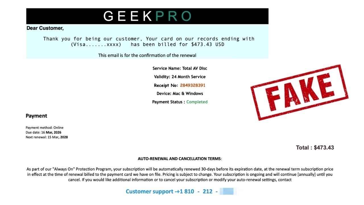 Fake antivirus software bill scam warning - CyberGuy